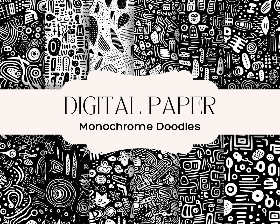 12 Monochrome Doodles Seamless Digital Papers, 12' X 12, Seamless ...