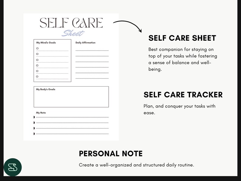 Self Care Sheet Digital Printable Planner Template Minimalist Planner ...
