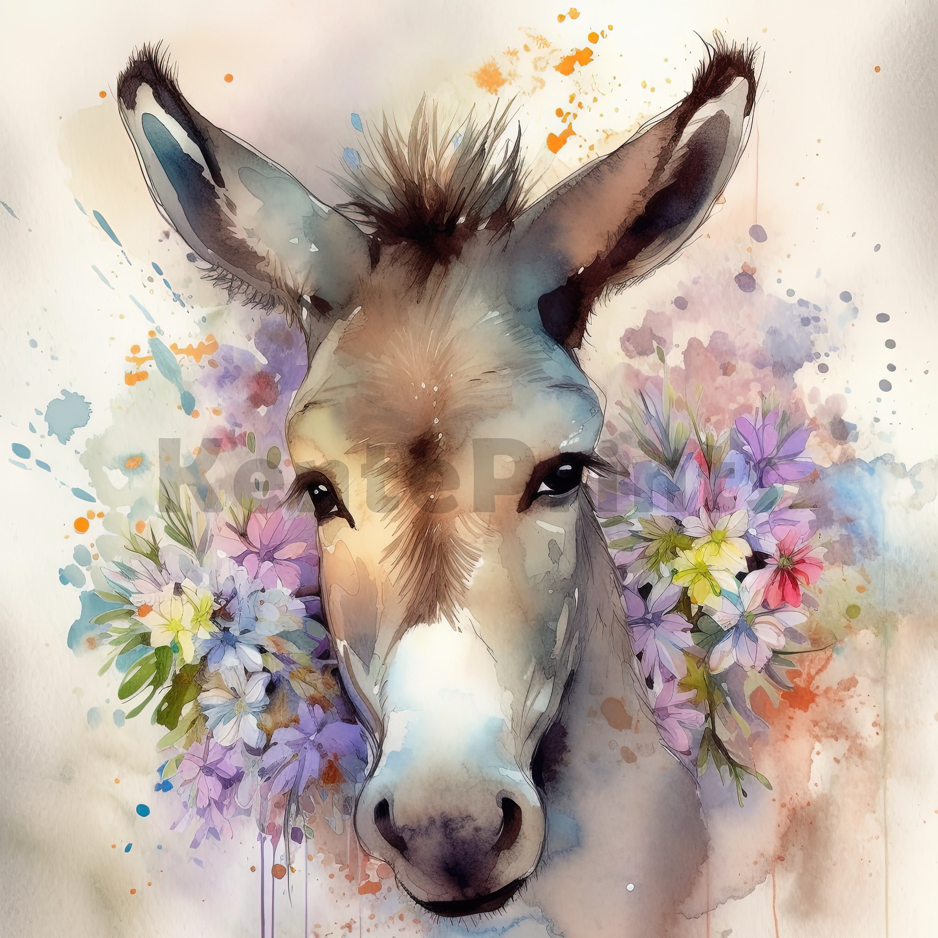Donkey Flowers Clipart Watercolor - 12 Unique High Resolution Jpgs ...
