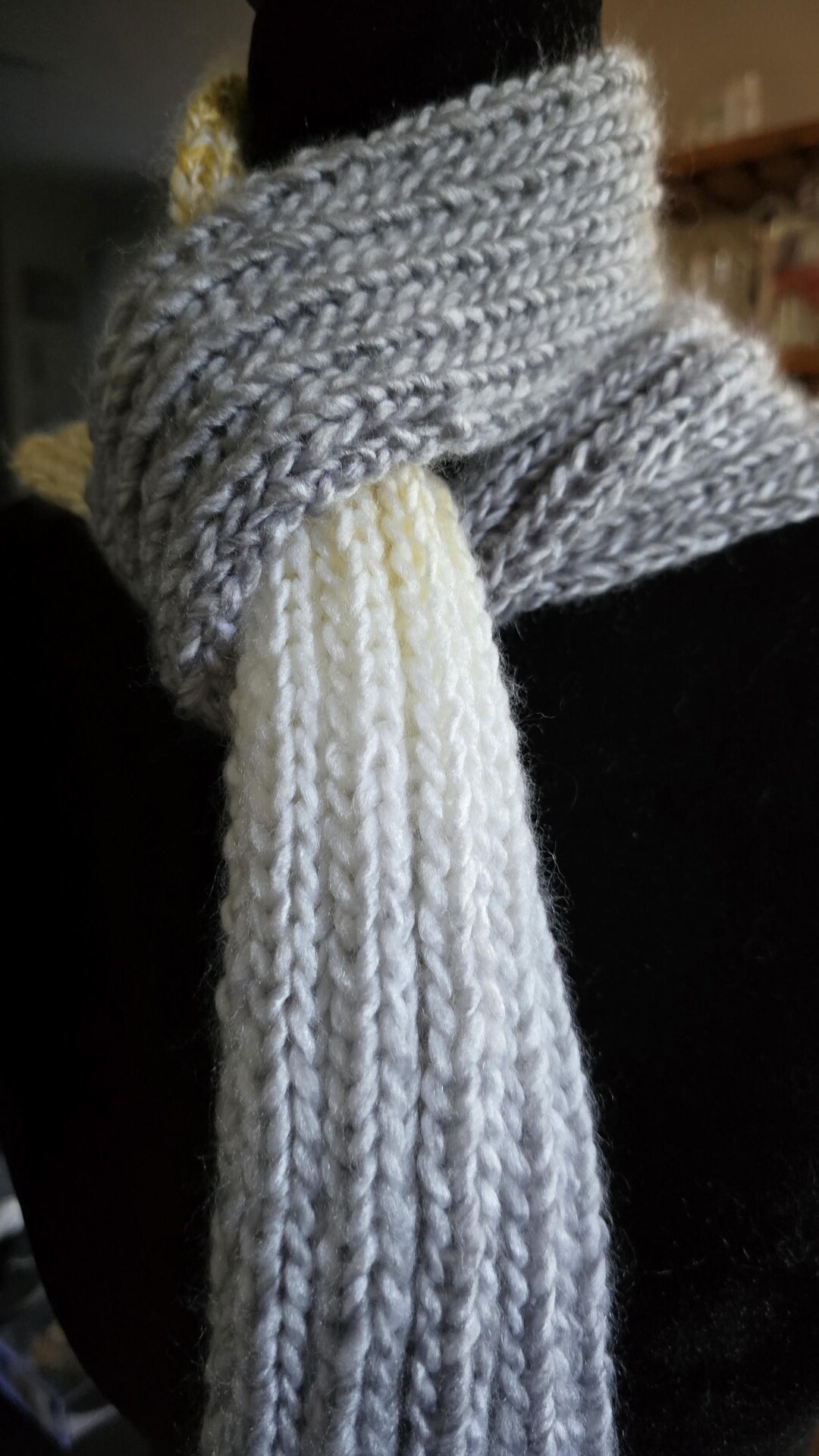 Ribbed Striped Knitted Scarf - Yellow Gray White - 100% Acrylic ...