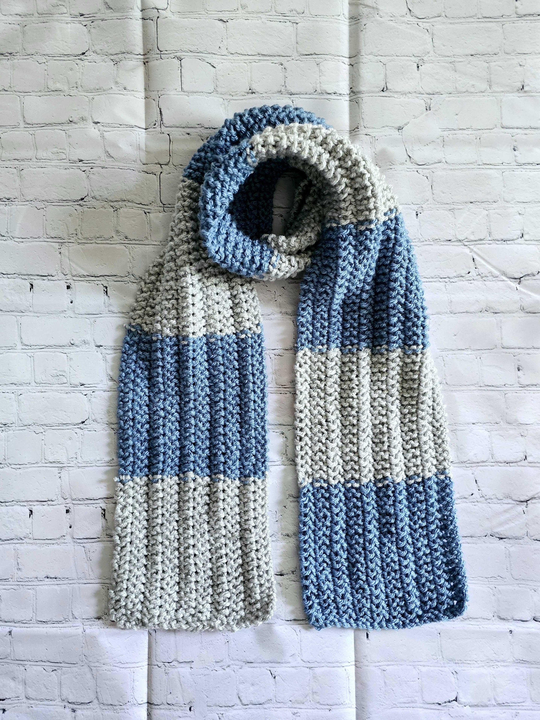 Blue and Gray Stripes Ribbed Handmade Knit Scarf - Grey - Etsy