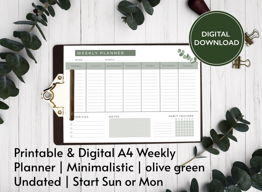 Printable & Digital A4 Weekly Planner | Minimalistic Olive-eucalyptus ...