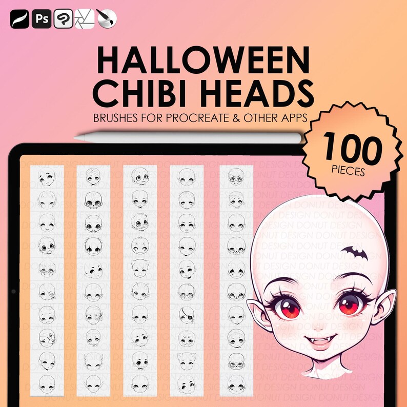 100 Procreate Halloween Chibi Head Stamps Procreate Chibi Stamps ...