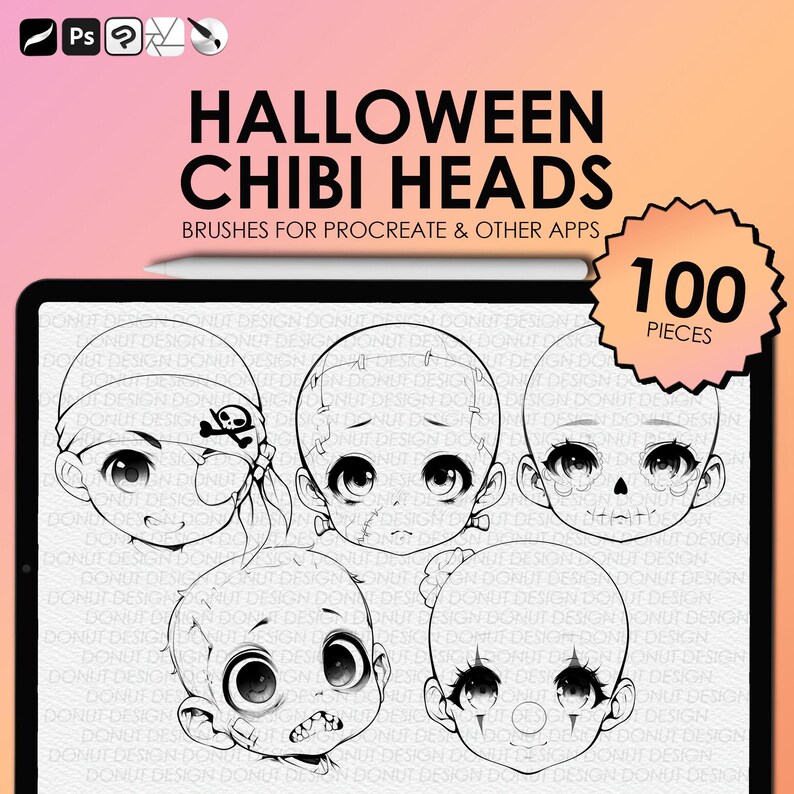 100 Procreate Halloween Chibi Head Stamps Procreate Chibi Stamps ...