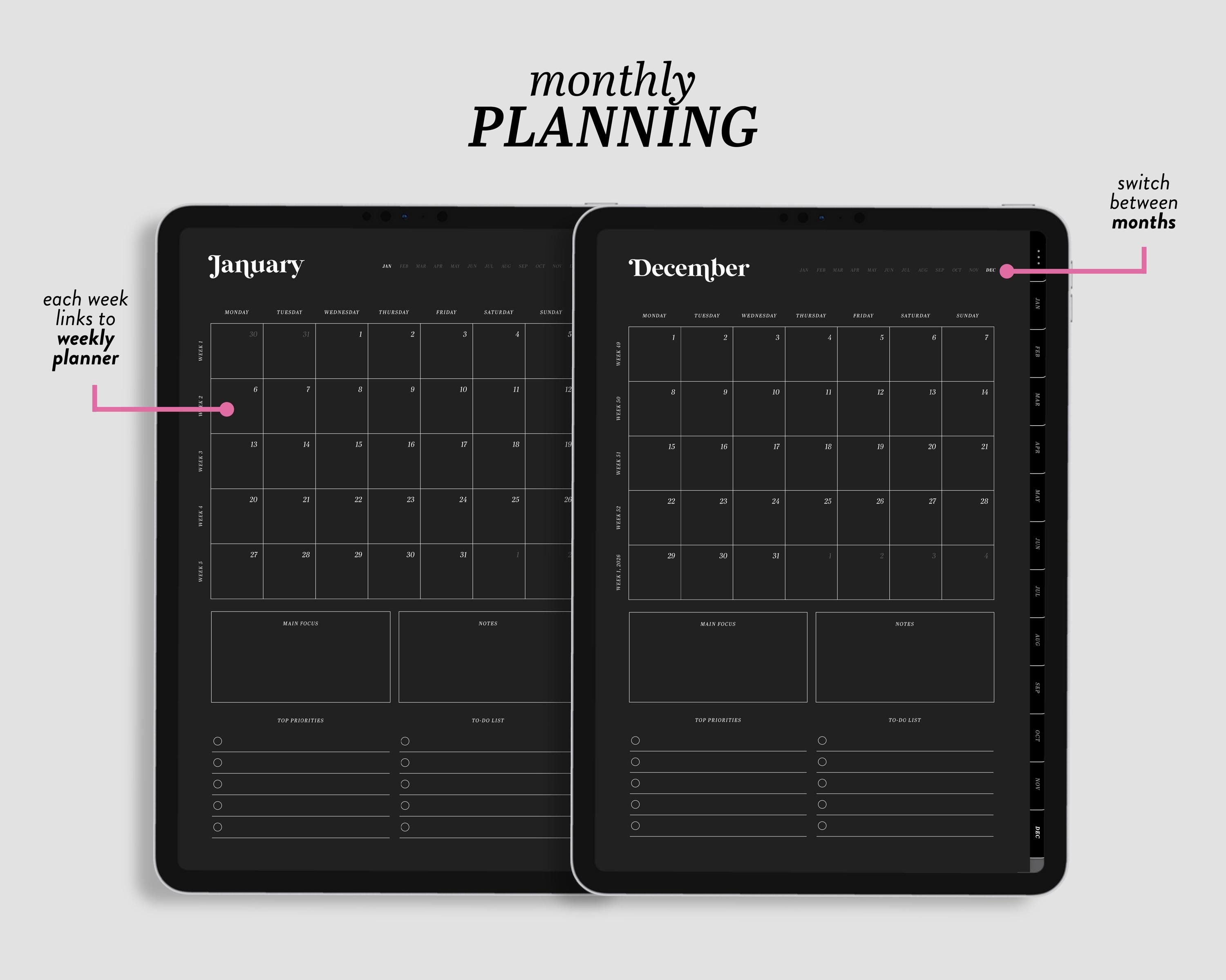 2025 Minimalist Digital Planner DARK MODE | Simple Digital Planner ...