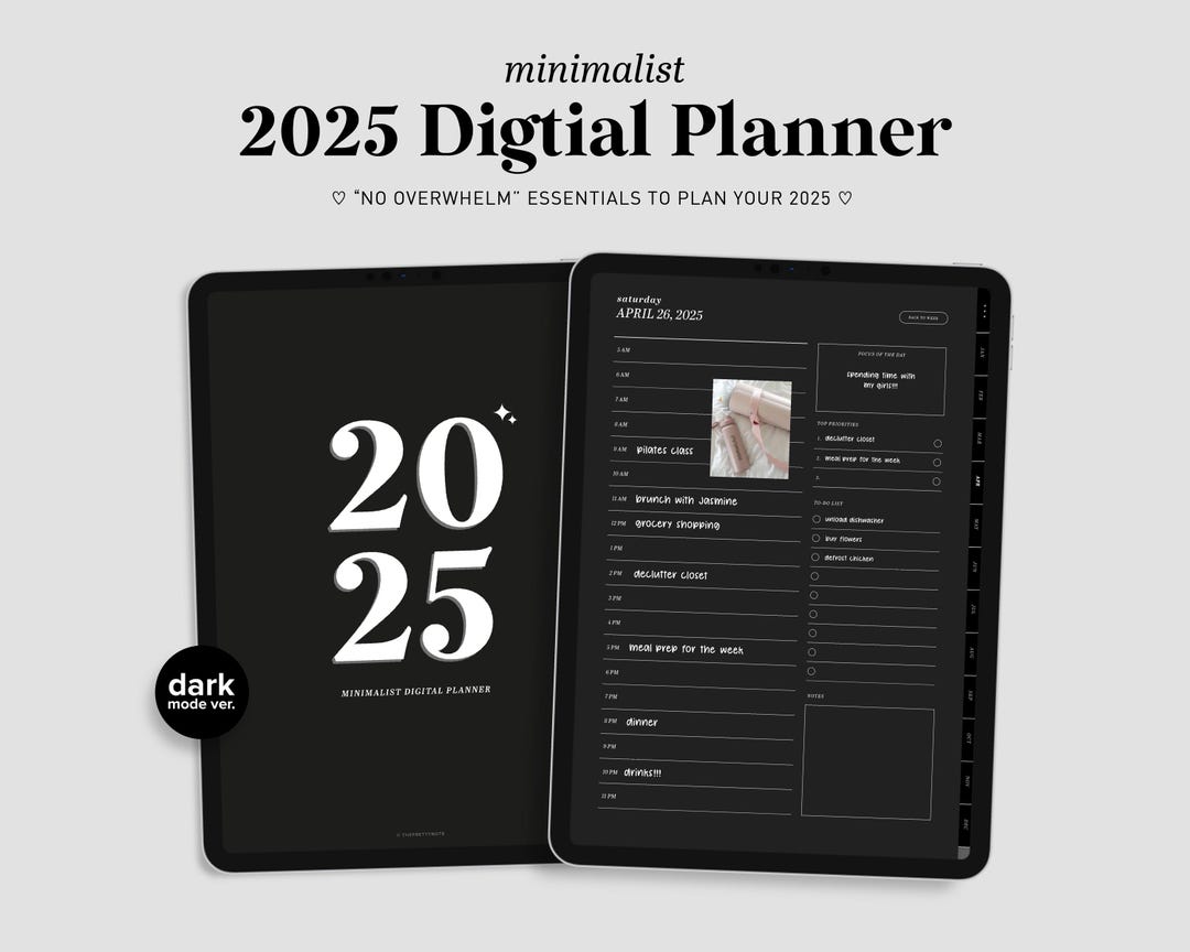 2025 Minimalist Digital Planner DARK MODE | Simple Digital Planner ...