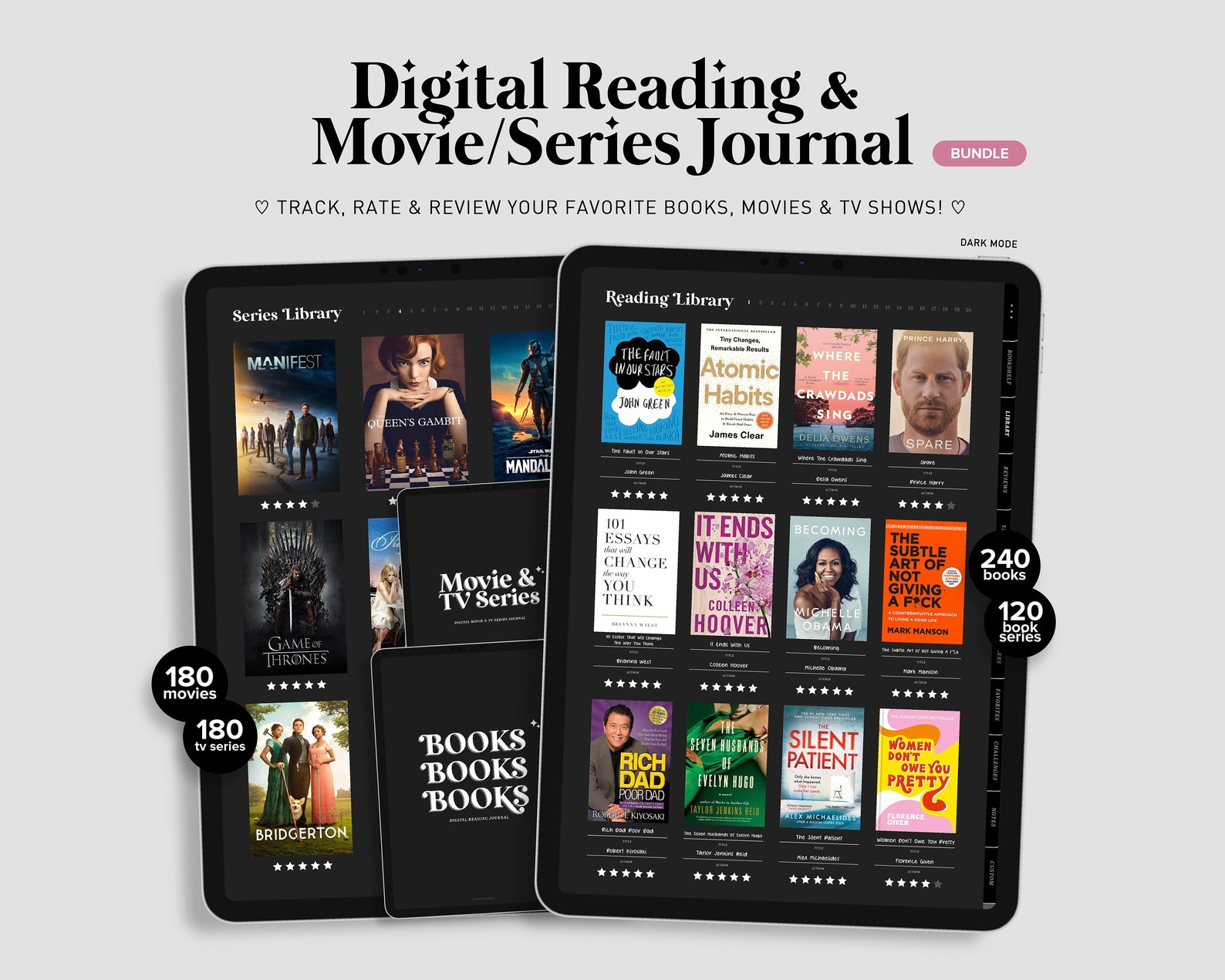 Digital Reading & Movie/tv Series Journal BUNDLE Dark Mode | Reading ...
