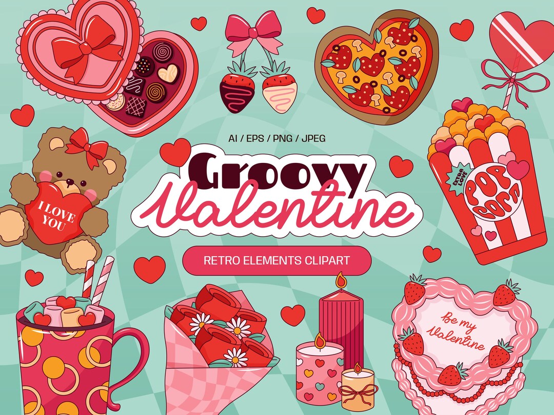Retro Groovy Valentine Elements Clipart Bundle – PNG JPEG EPS, Love ...
