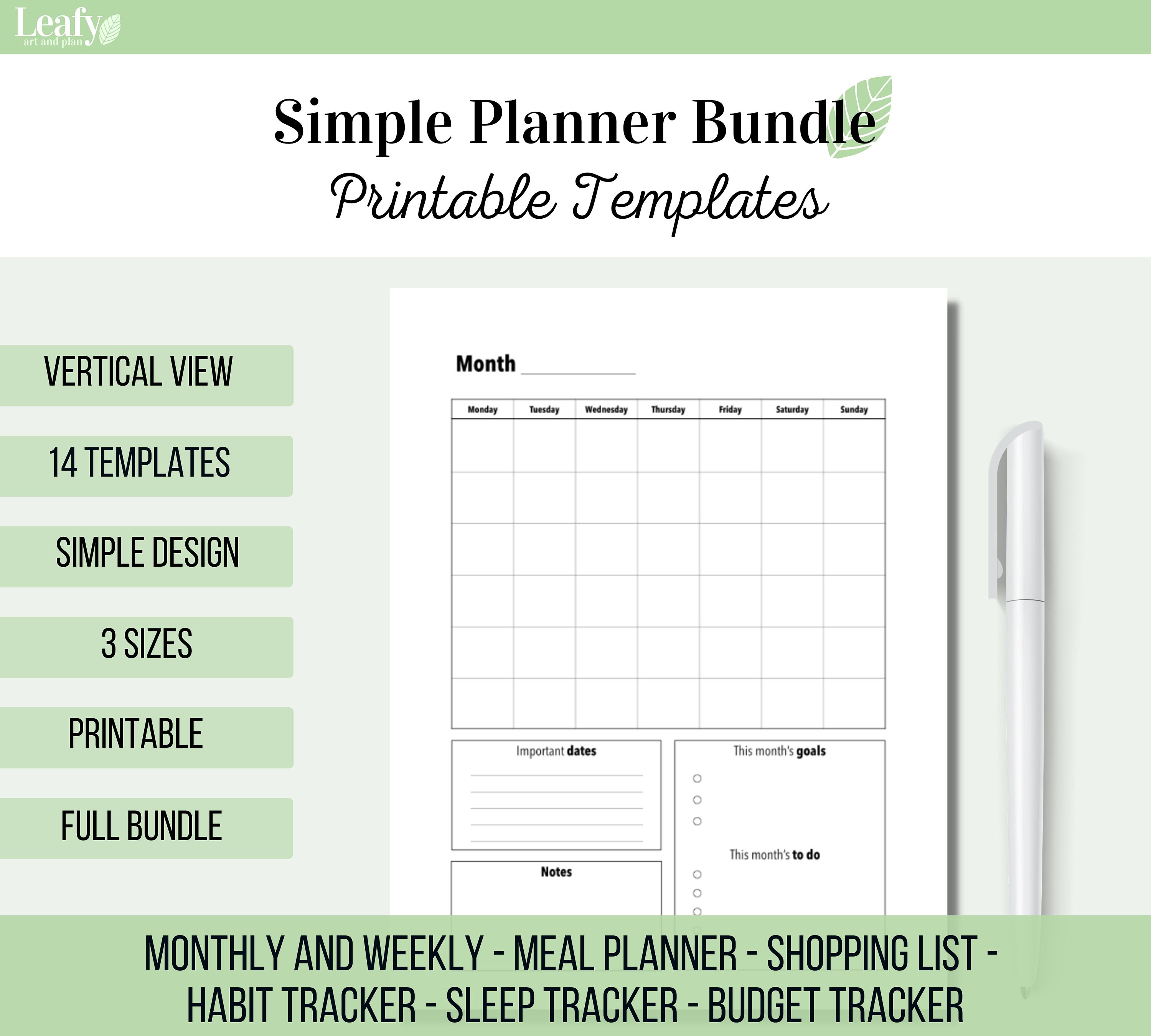 Simple Planner Printable Templates, Habit Tracker, Sleep Tracker, Meal ...
