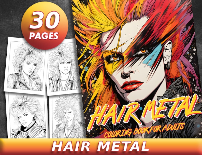 30 Pages Hair Metal Coloring Book Adult Coloring Pages, Glam Rock ...