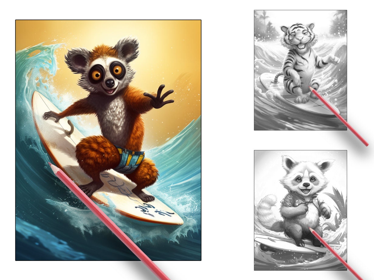 Surfing Animals Coloring Book - Adult Coloring Pages, Coloring Book for ...