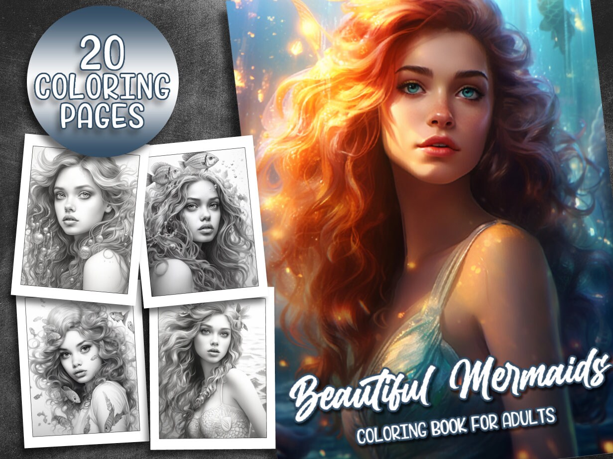20 Pages Beautiful Mermaids Coloring Book - Portrait Adult Coloring ...