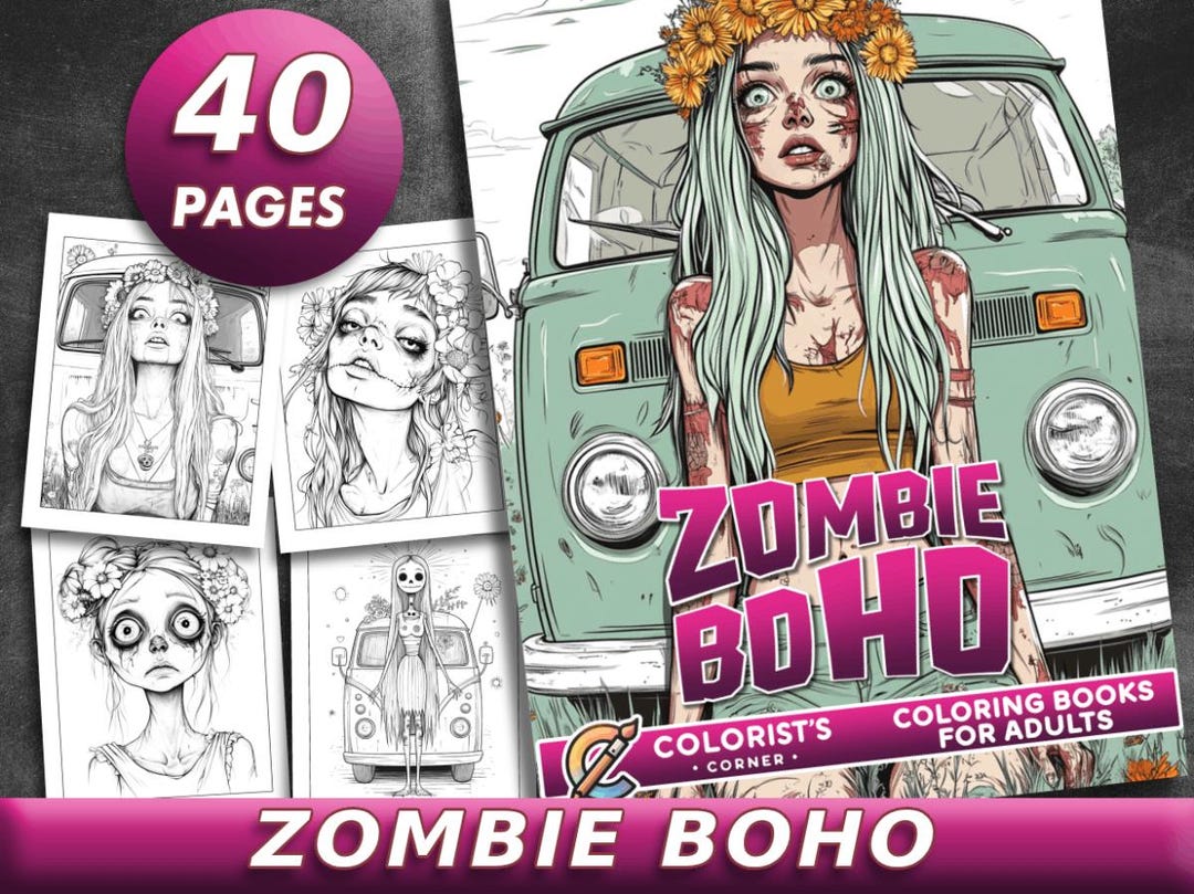 40 Pages Zombie Boho Coloring Book Adult Coloring Pages, Horror ...
