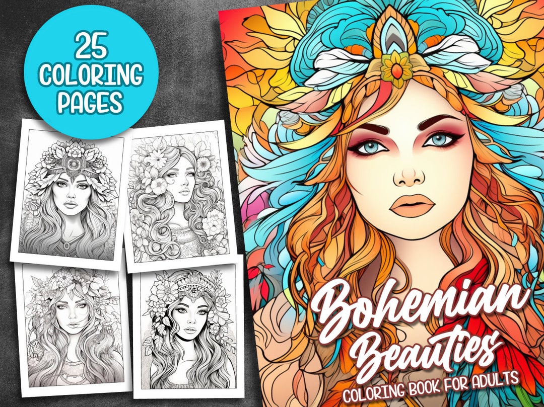 25 Pages Boho Bohemian Beauties Coloring Book Adult Coloring Pages ...