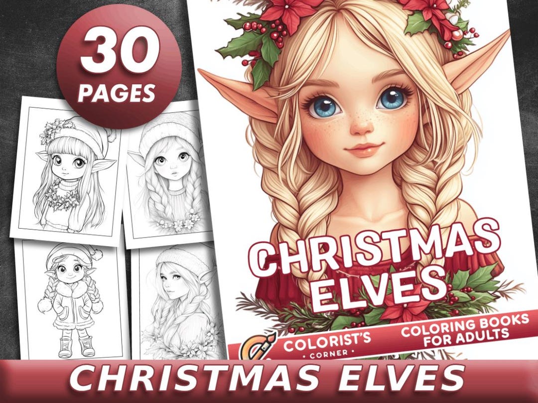 30 Pages Christmas Elves Coloring Book Adult Coloring Pages, Elf ...