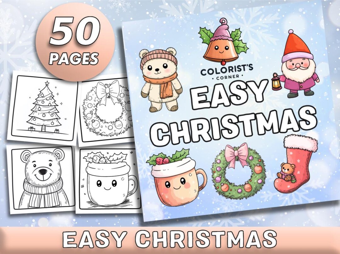 50 Pages Easy Christmas Coloring Book Adult Coloring Pages, Christmas ...