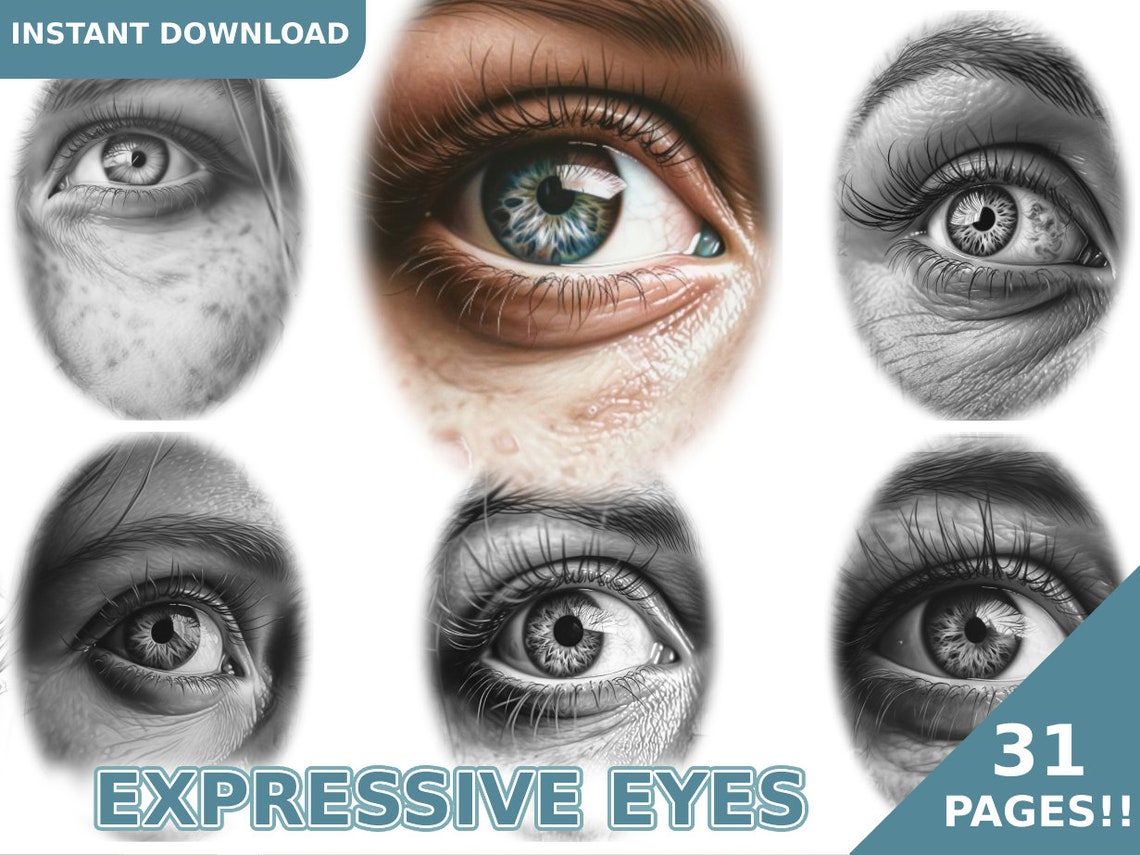 31 Pages Expressive Eyes Coloring Book - Adult Coloring Pages, Close up ...