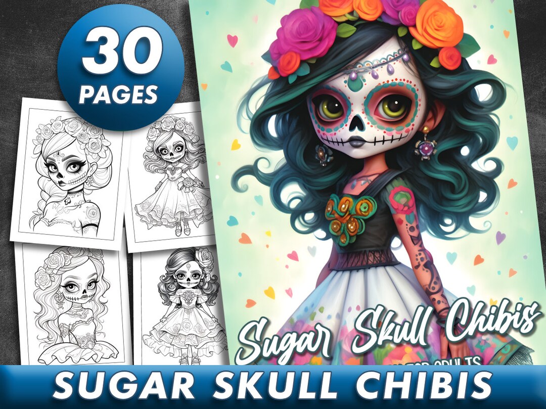 30 Pages Sugar Skull Chibi Coloring Book Adult Coloring Pages, Day of the Dead, Instant Download ...