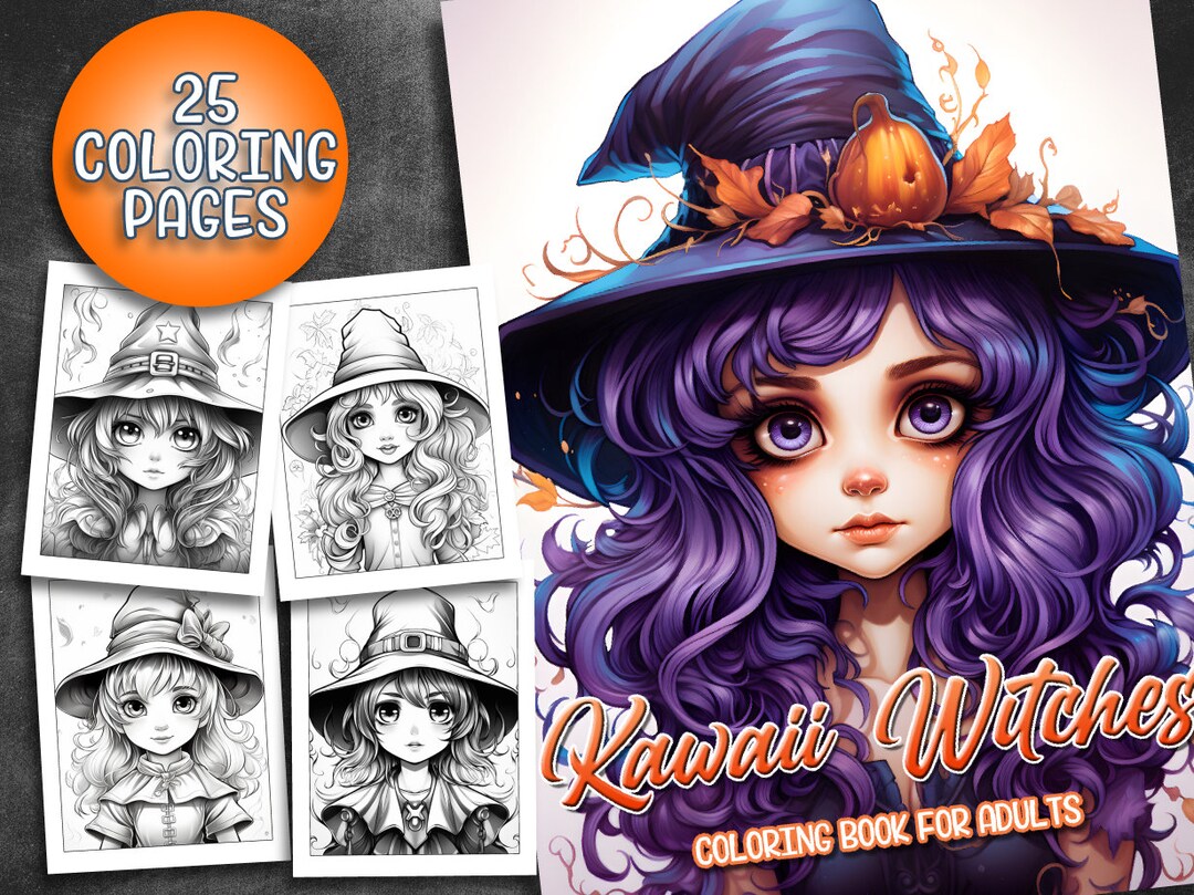 25 Pages Kawaii Witches Coloring Book Halloween Adult Coloring Pages ...