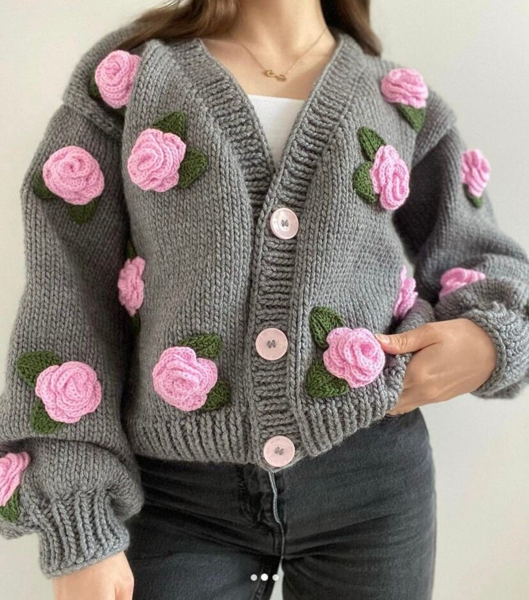 Pink Roses Cardigan, Cardigan for Women, Cropped Cardigan, Handmade ...