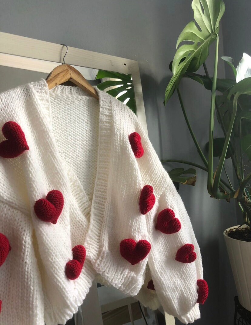 Heart Cardigan, Handmade Cardigan, Red Heart Cardigan, Knitted Cardigan ...