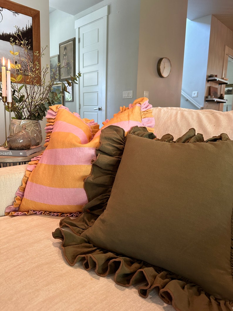 Sunny Delight Linen-ruffle Pillow Cover, Pink, Tangerine, Striped ...