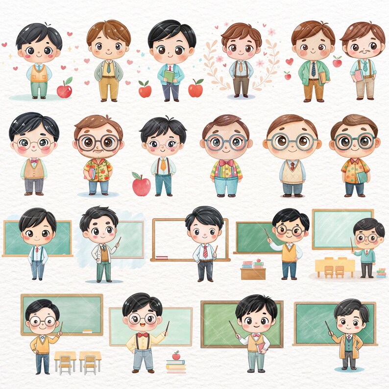 Watercolor Teacher Boy Clipart Set: School Classroom PNG (commercial ...
