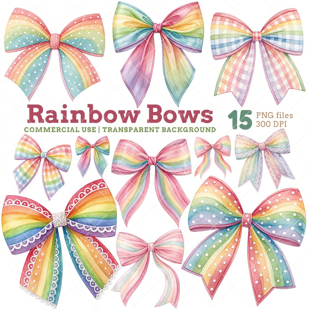 Pastel Rainbow Bows Clipart: Coquette Kawaii Graphics (digital Download ...