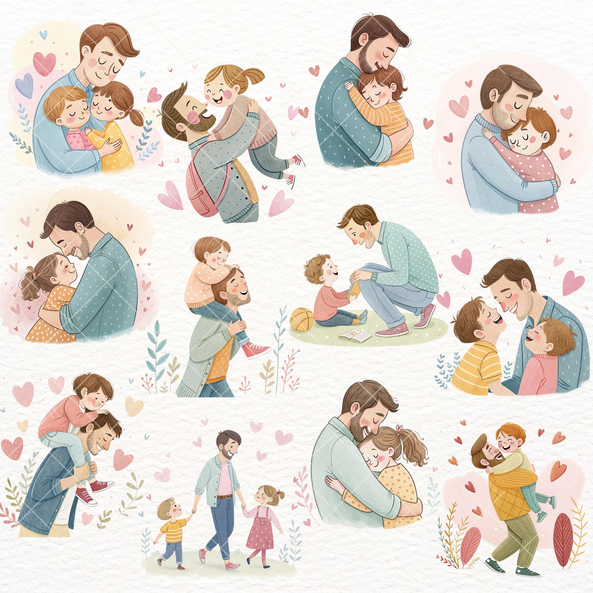 Father's Day Clipart: Dad & Kids Watercolor Illustrations (commercial ...