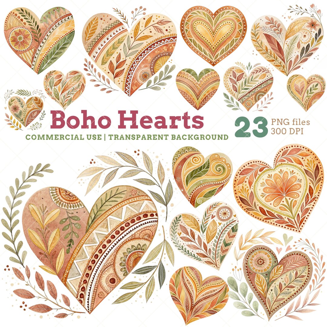 Boho Heart Clipart Bundle: Rustic Folk Art, Hippie Hearts for Stickers ...
