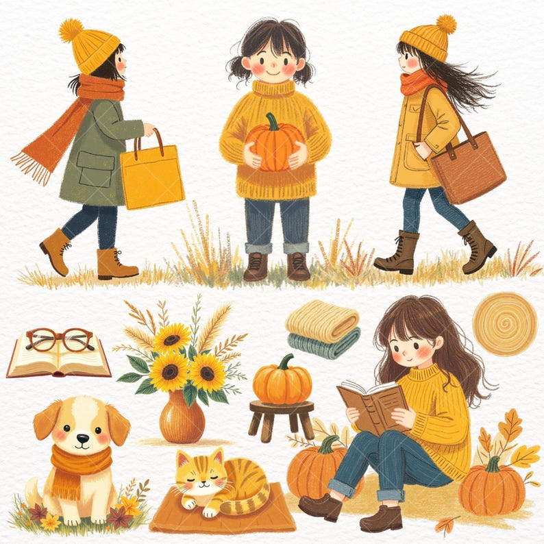 Cozy Fall Clipart Bundle: Autumn Girls, Pets, Coffee, Warm Season (PNG ...