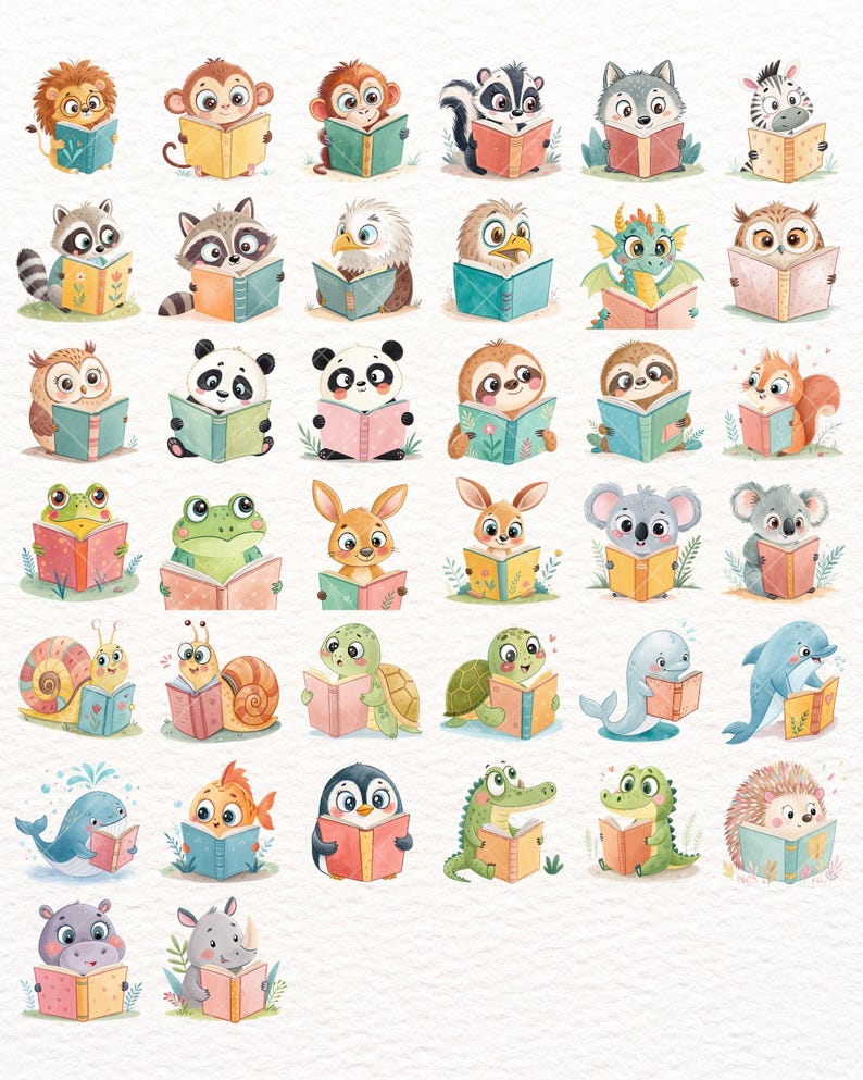 Adorable Animals Reading Clipart Bundle, Whimsical Bookish PNG ...