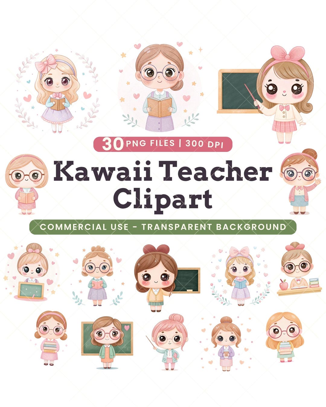 Kawaii Teacher Clipart, Watercolor School PNG, Female Educator ...