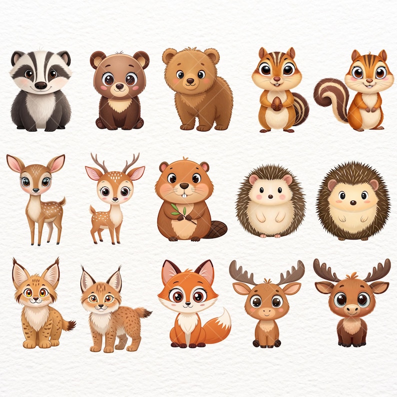 Cute Woodland Animals Clipart Bundle – 30 PNG, 300 DPI, Transparent ...