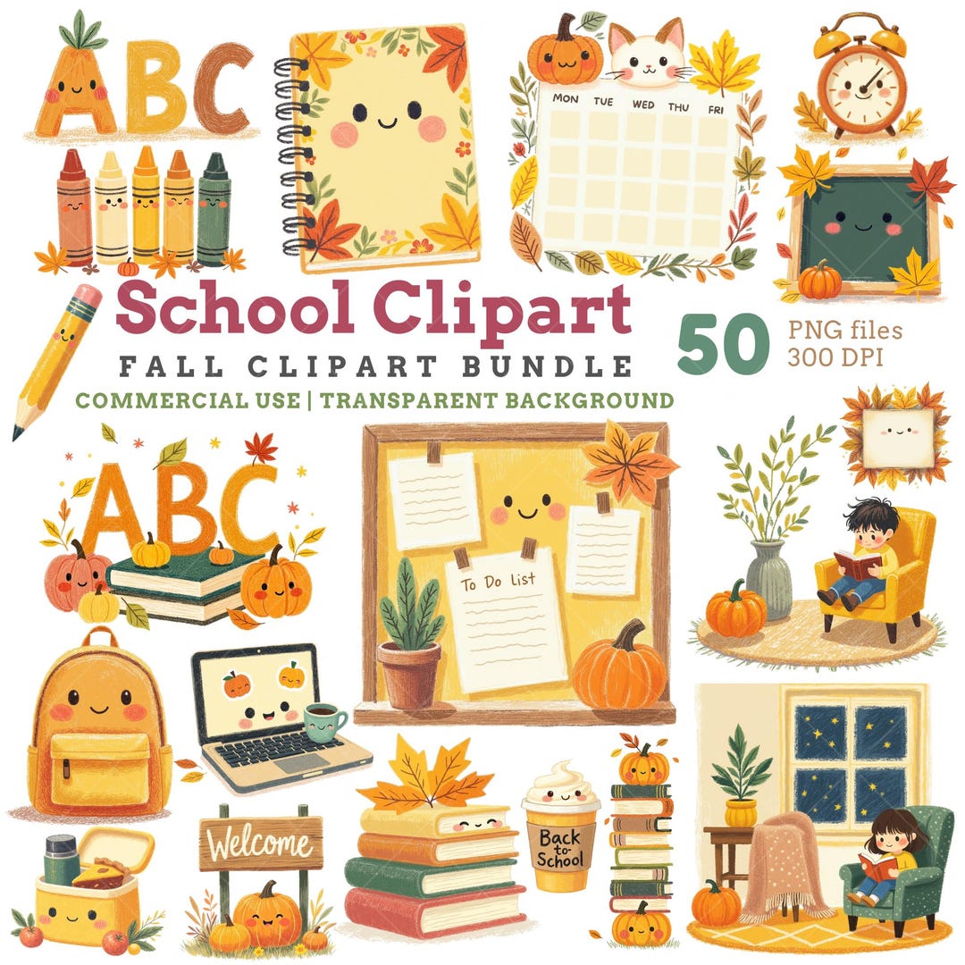 50 Autumn School Clipart Bundle: Cozy Kids, Books, Pumpkins, Fall ...
