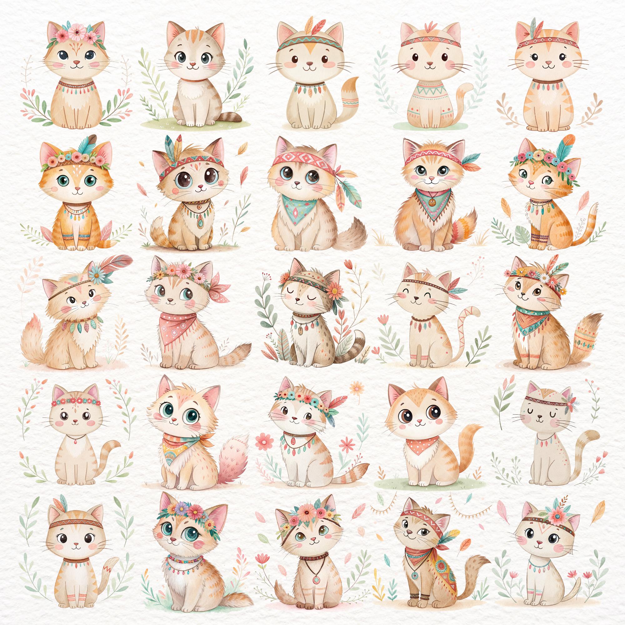 Watercolor Boho Cat Clipart: Tribal Kitten Art (digital Download, 300 ...