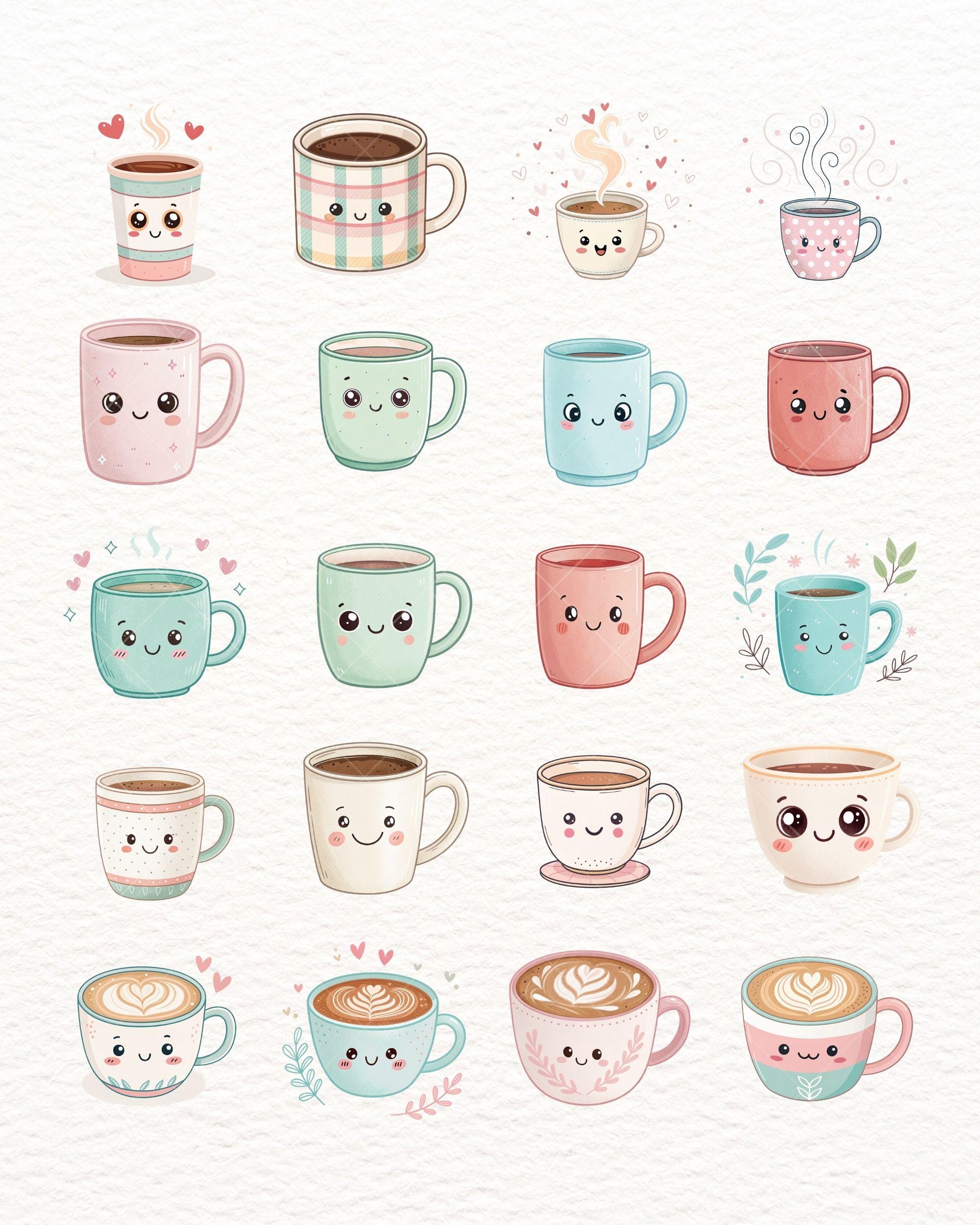 Kawaii Coffee Clipart Bundle: Pastel Pink and Blue Latte Cups PNG ...