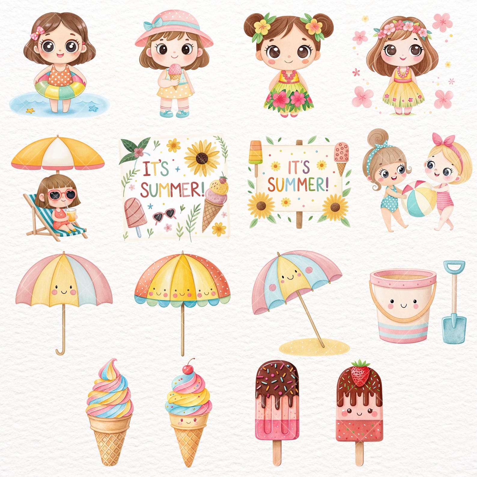Summer Kids Clipart: Beach Girls, Ice Cream, Sandcastles, Stickers and ...