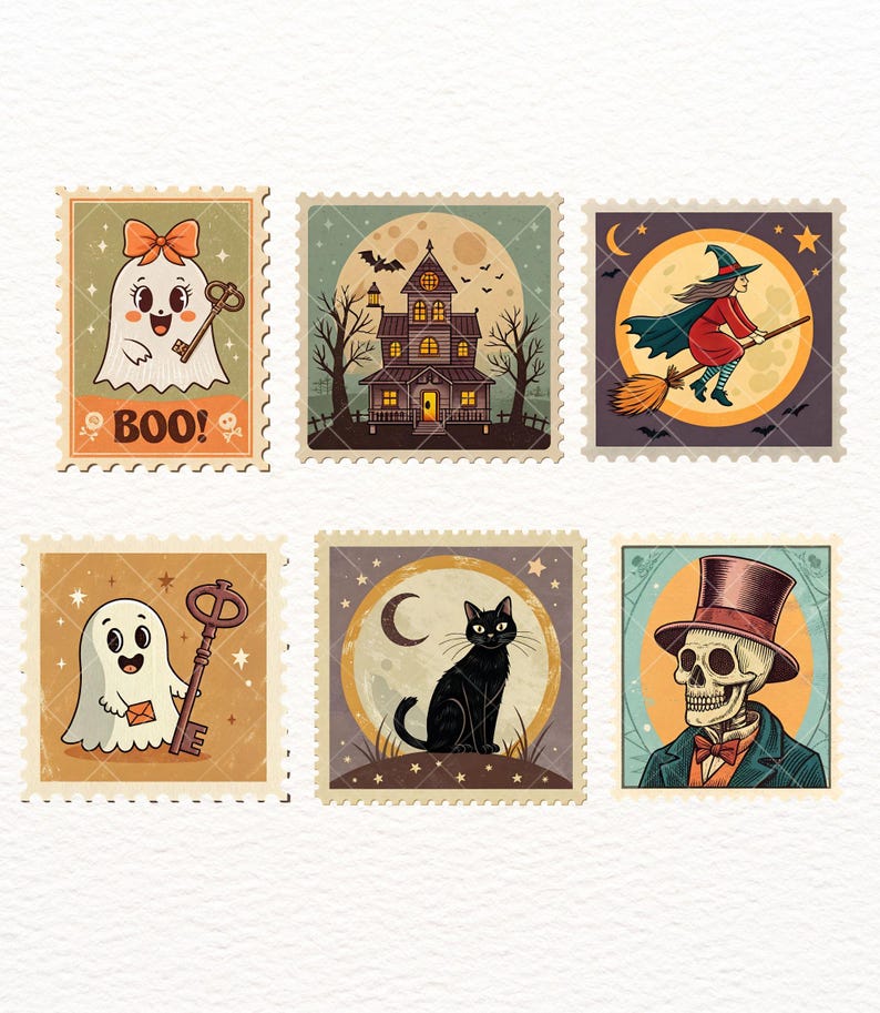 Spooky Halloween Stamp Clipart: Retro Ghosts, Cats, Witches (PNG ...