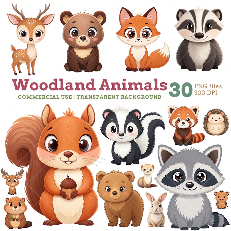 Cute Woodland Animals Clipart Bundle – 30 PNG, 300 DPI, Transparent ...