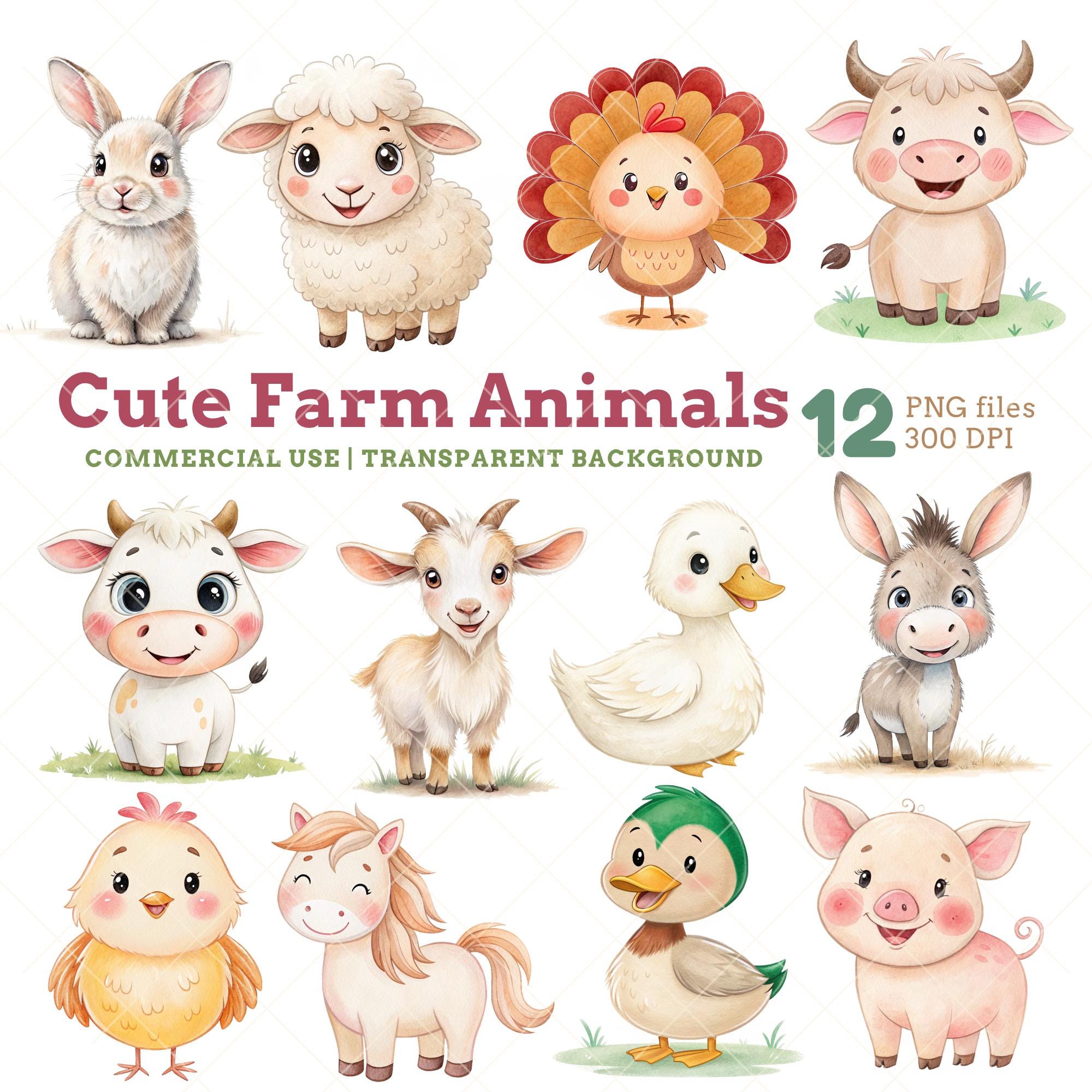 Watercolor Cute Farm Animal Clipart Set, Baby Barnyard Animals for Kids ...