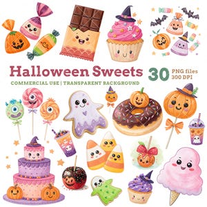 Halloween Treats Clipart: Kawaii Candy, Ghost Cookies, Spooky Sweets ...