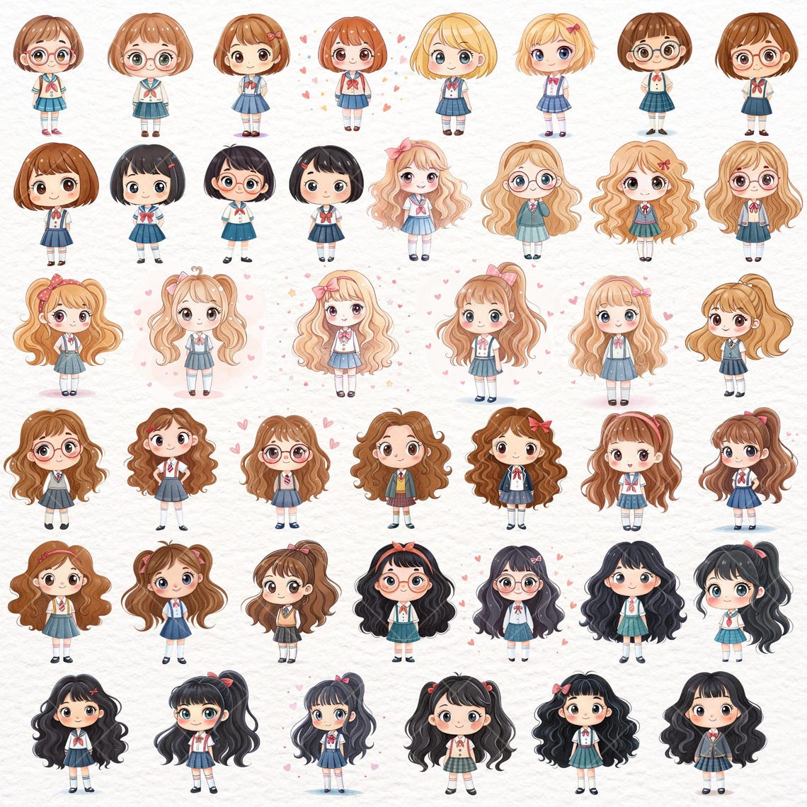 Back to School Girl Clipart, Cute Chibi Girls in Uniform, Kawaii School ...