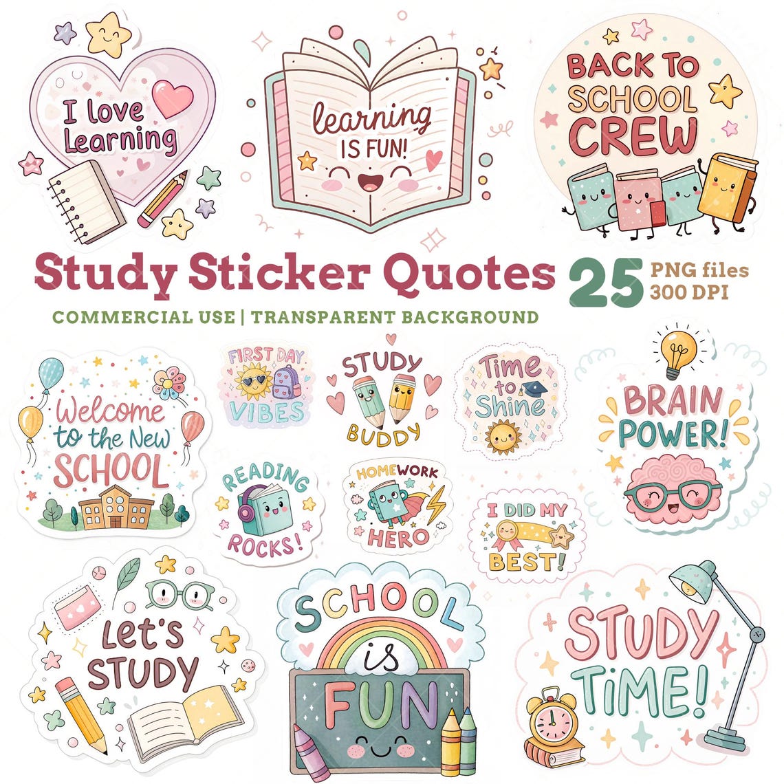 Motivational Study Quote Stickers: Back to School PNG Clipart (digital ...