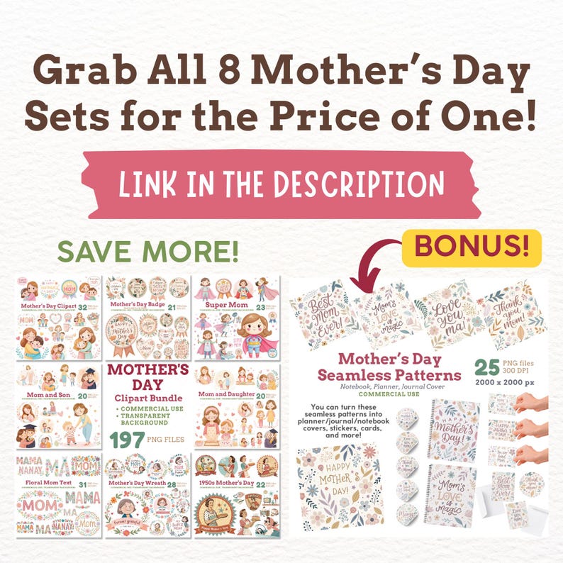 Mother's Day Clipart, Cute Mom and Kids Illustrations, Happy Mother's ...