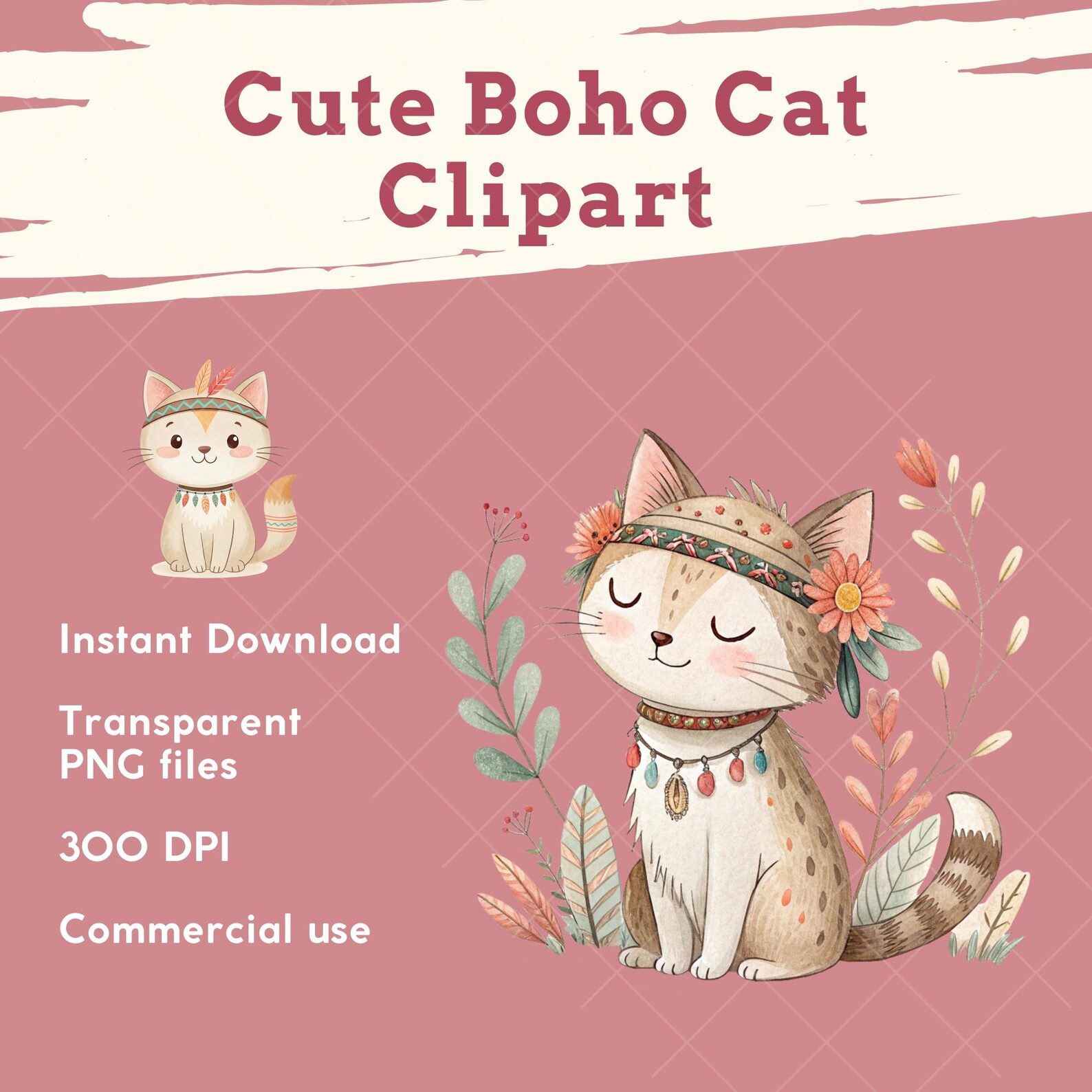 Watercolor Boho Cat Clipart: Tribal Kitten Art (digital Download, 300 ...
