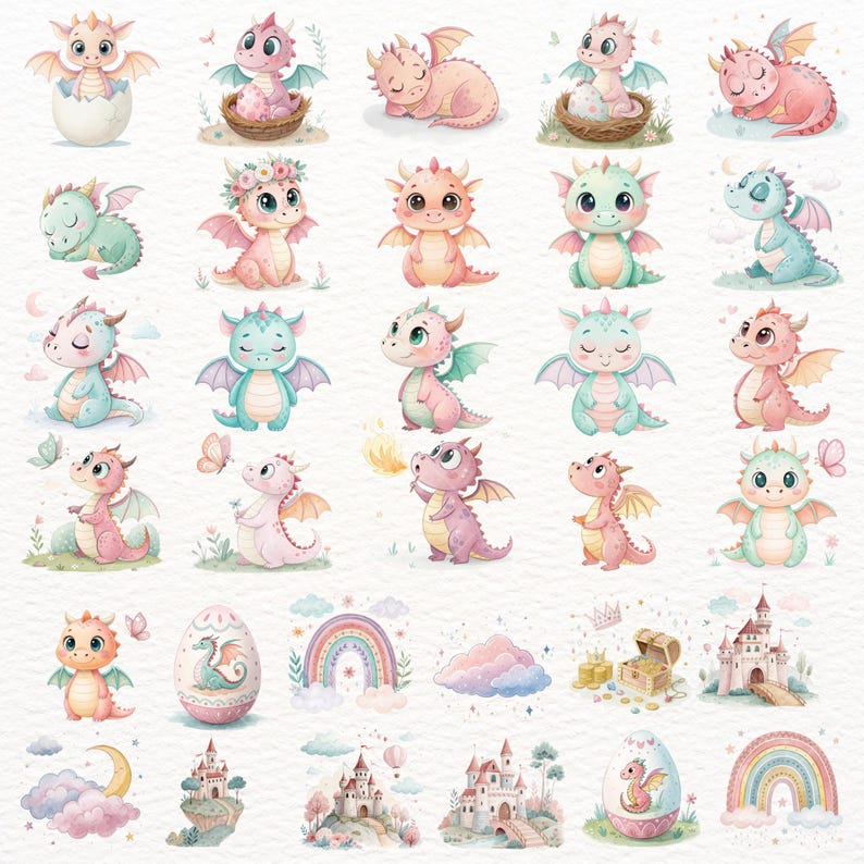 Watercolor Baby Dragon Clipart, Cute Fantasy Dragon Pngs for Kids ...