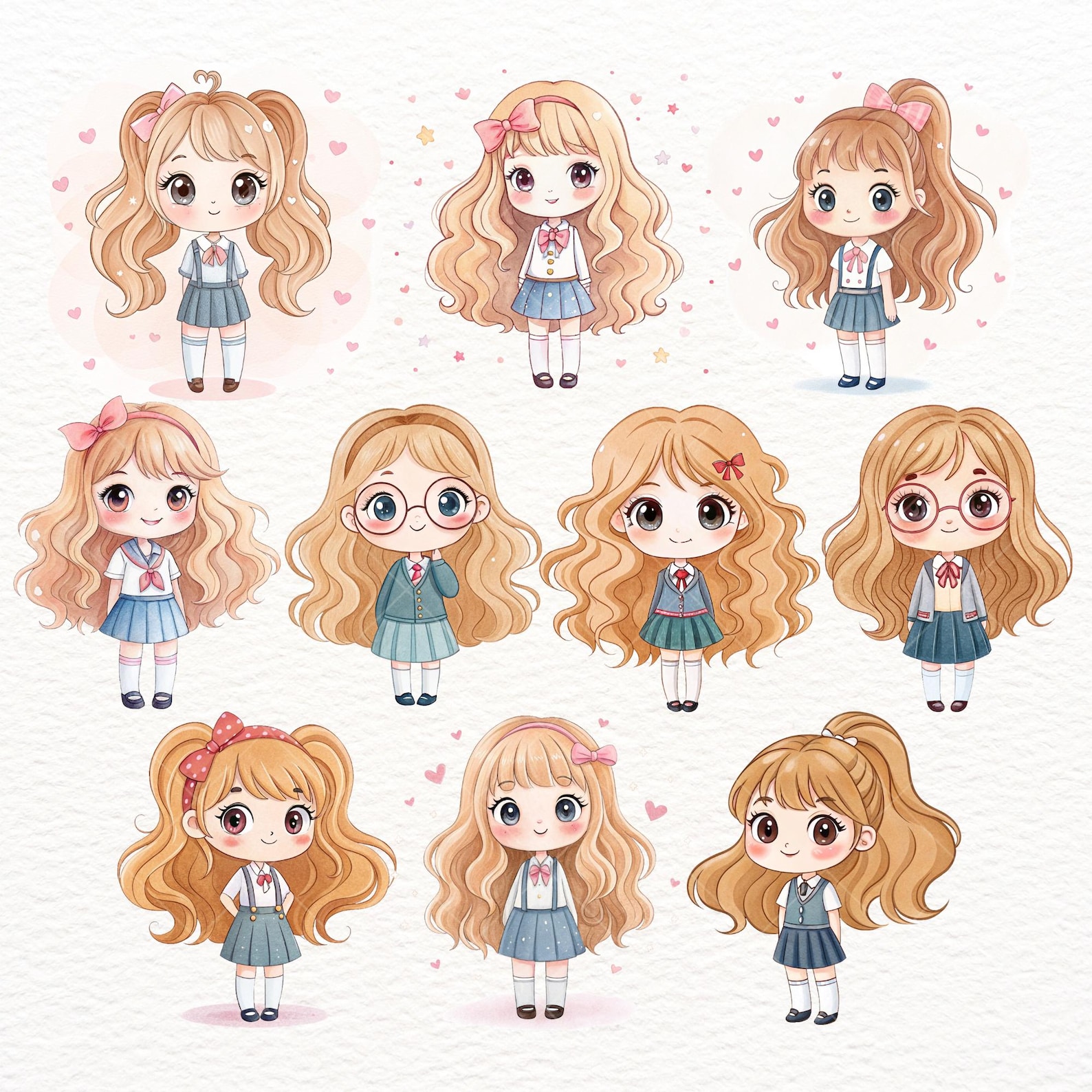 Back to School Girl Clipart, Cute Chibi Girls in Uniform, Kawaii School ...