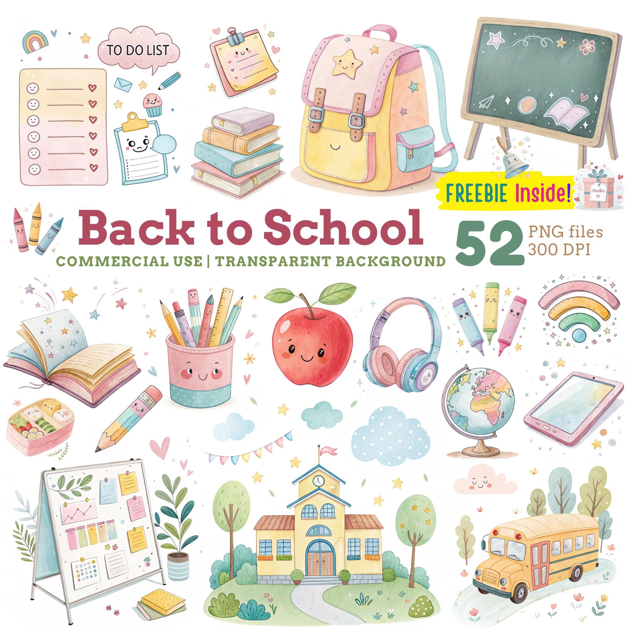 Kawaii Back to School Clipart: Pastel School Supplies, Classroom Decor ...