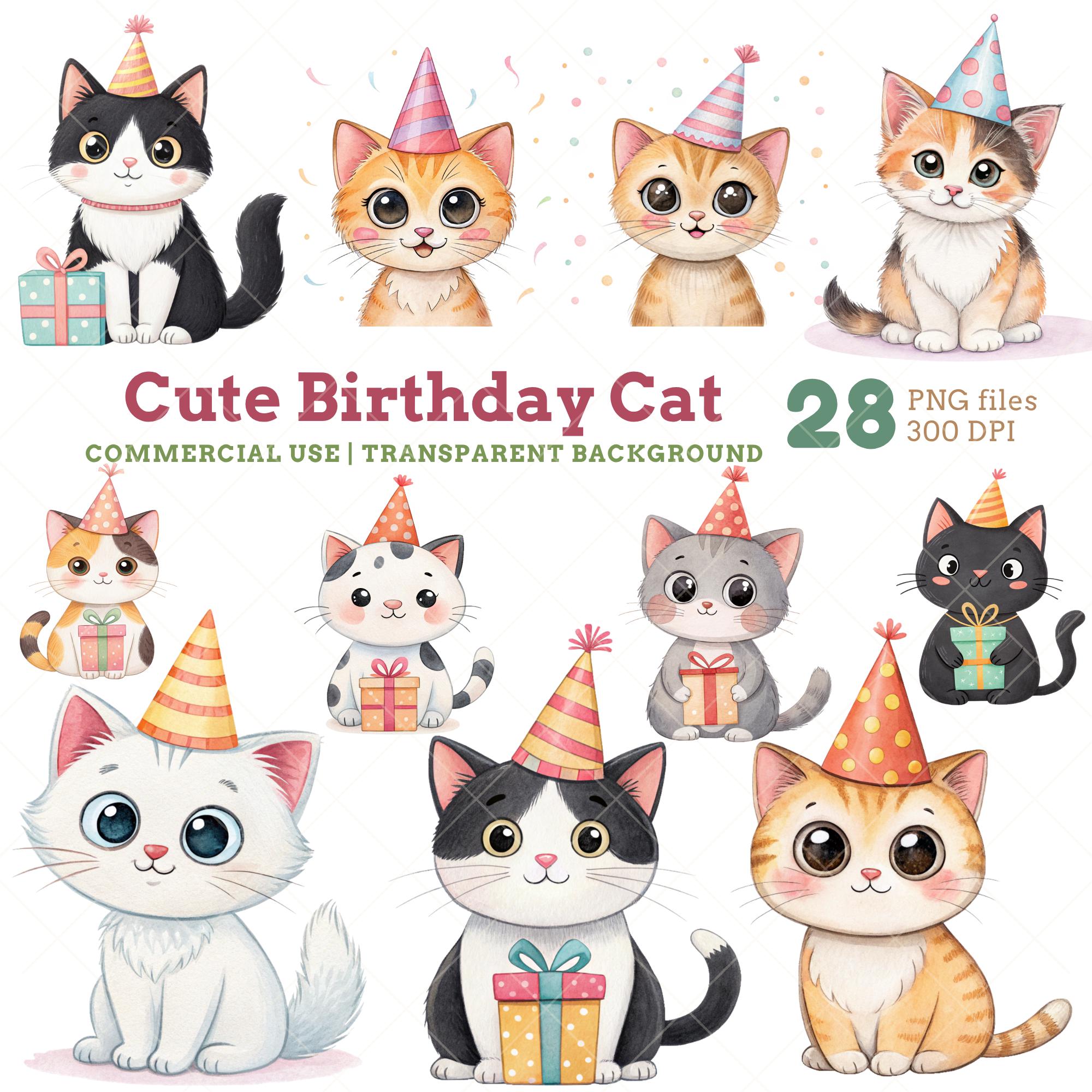 Birthday Cat Clipart Set: Kawaii Party Kittens With Hats PNG (digital ...